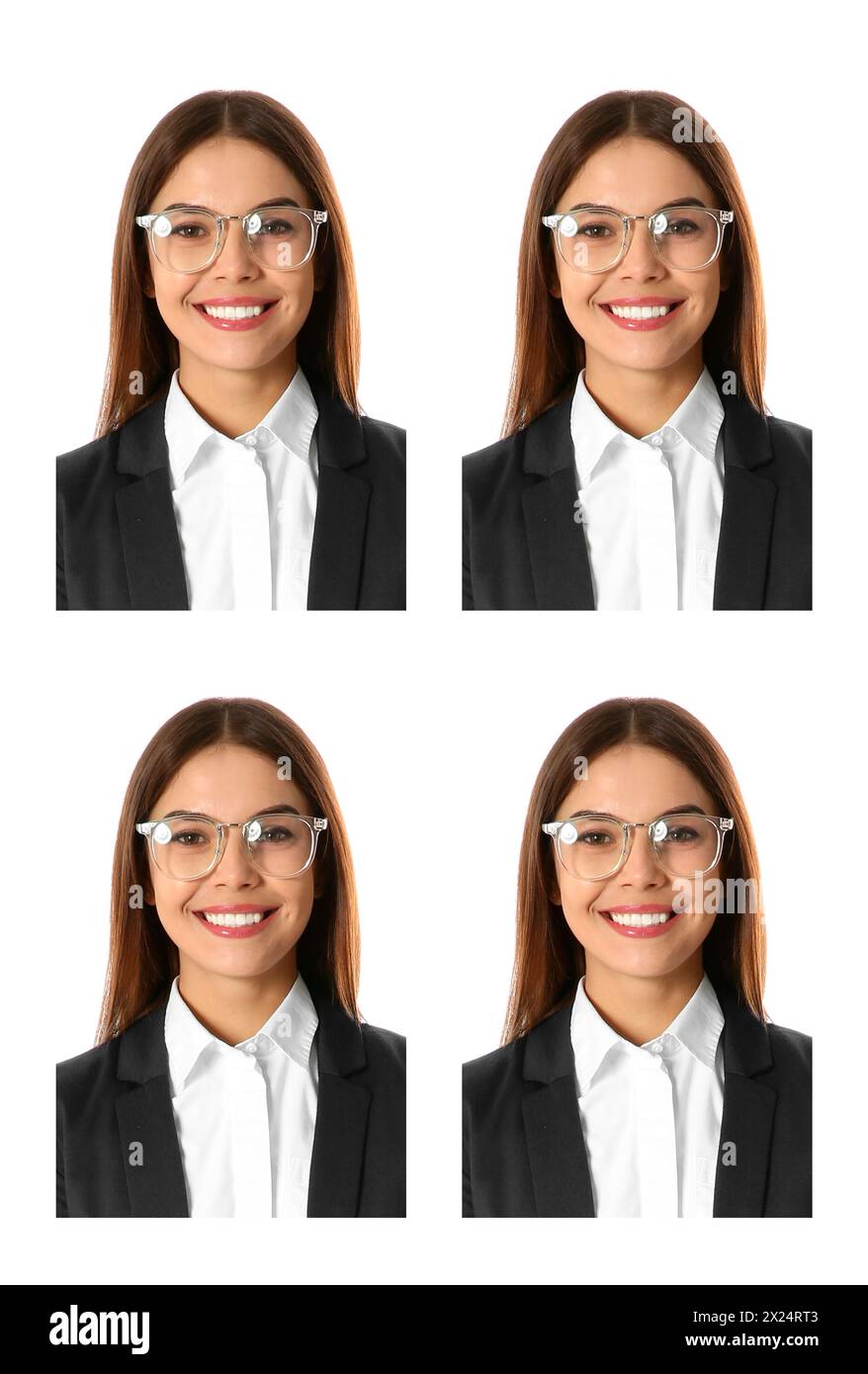 Passport photo, collage. Woman on white background, set of photos Stock ...