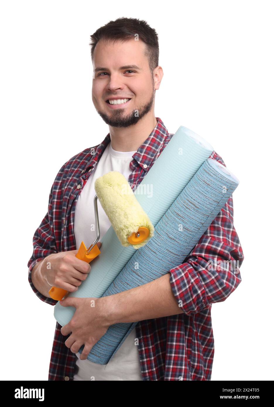 Man with wallpaper rolls and roller on white background Stock Photo - Alamy