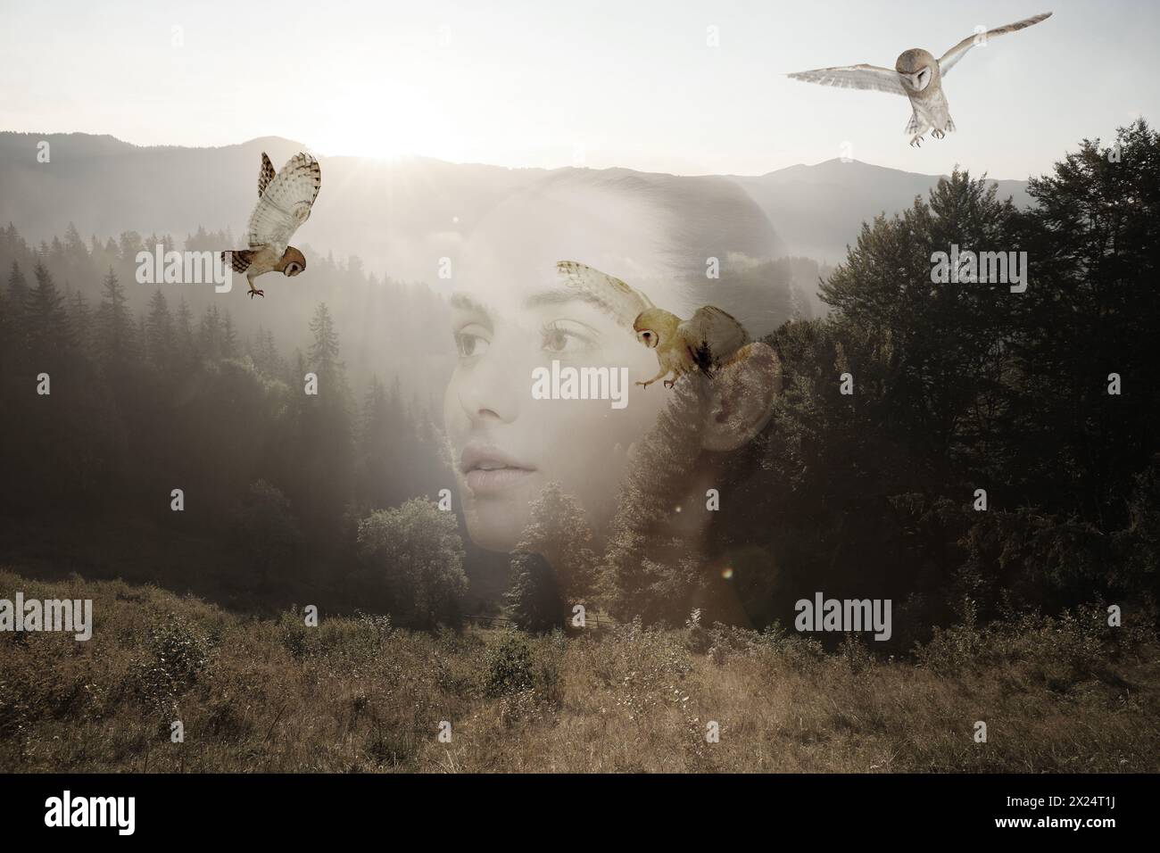Double exposure of pretty woman and mountain landscape. Beauty of ...