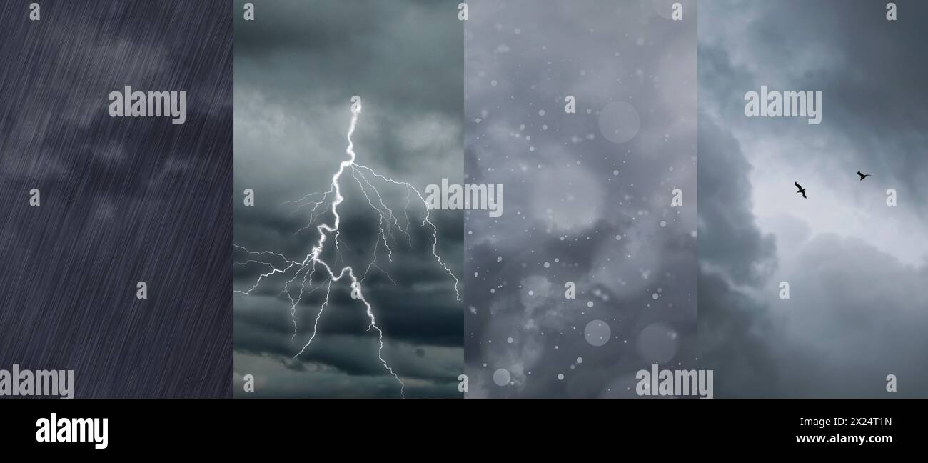 Different weather conditions, banner design. Collage with photos of sky ...