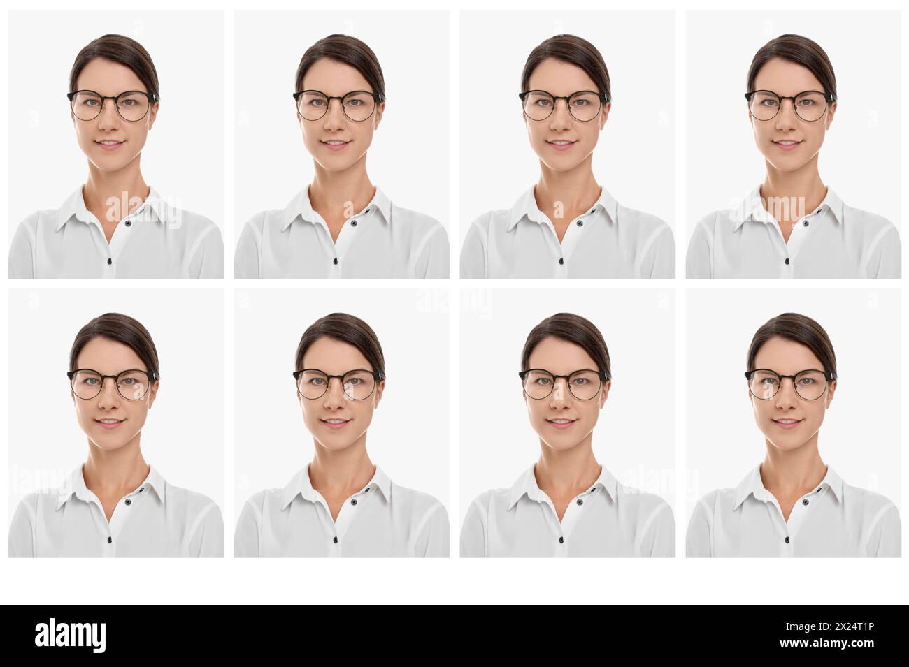 Passport photo, collage. Woman on white background, set of photos Stock ...