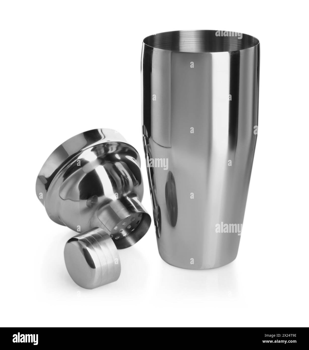 Metal cocktail shaker, strainer and cap isolated on white Stock Photo ...