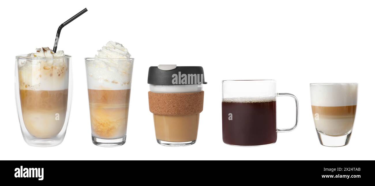 Set of different coffee drinks in cups and glass on white background ...
