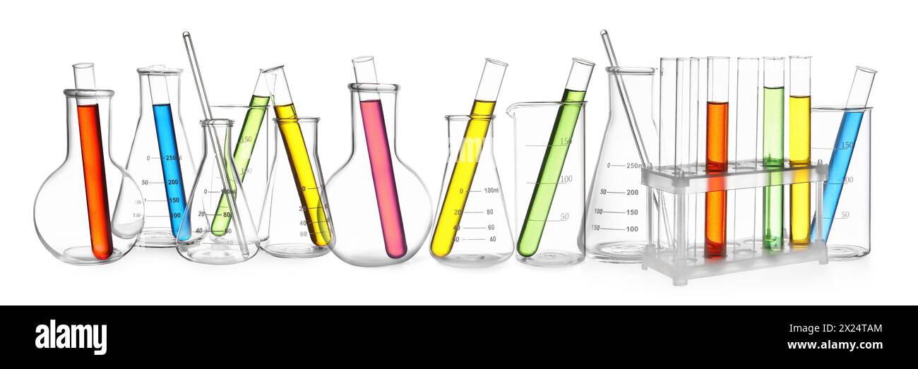 Set of different laboratory glassware isolated on white Stock Photo - Alamy
