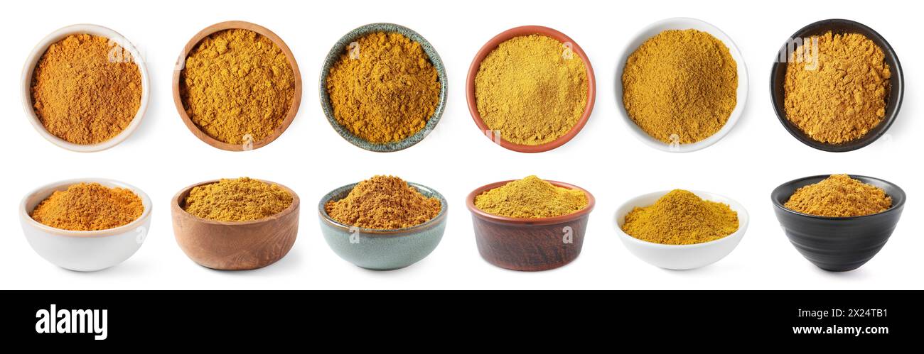 Curry in bowls isolated on white, top and side views. Collage Stock ...