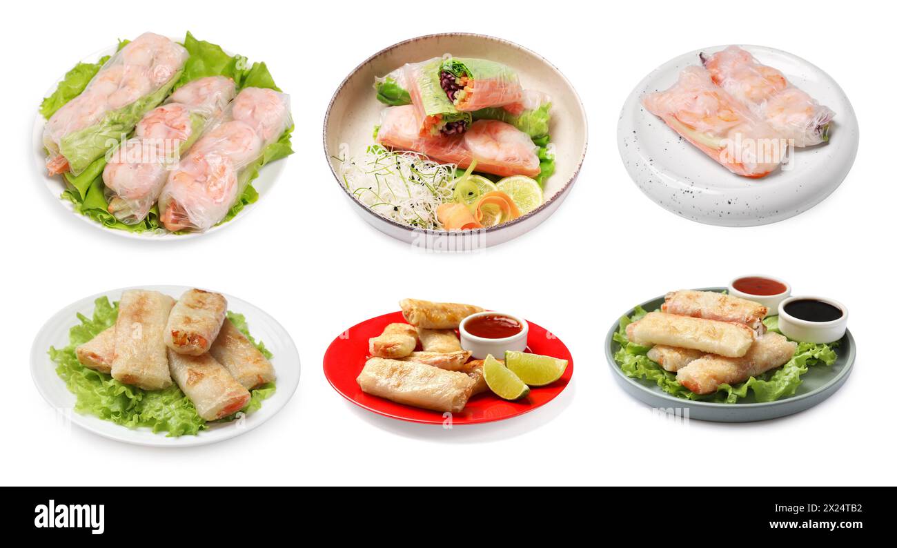 Delicious spring rolls isolated on white, set Stock Photo - Alamy