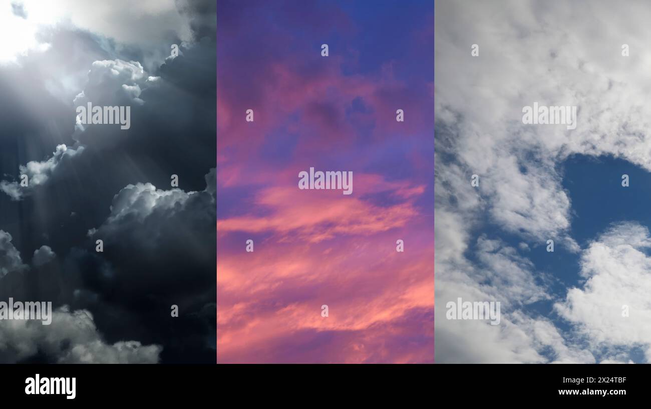 Different weather conditions, banner design. Collage with photos of sky ...