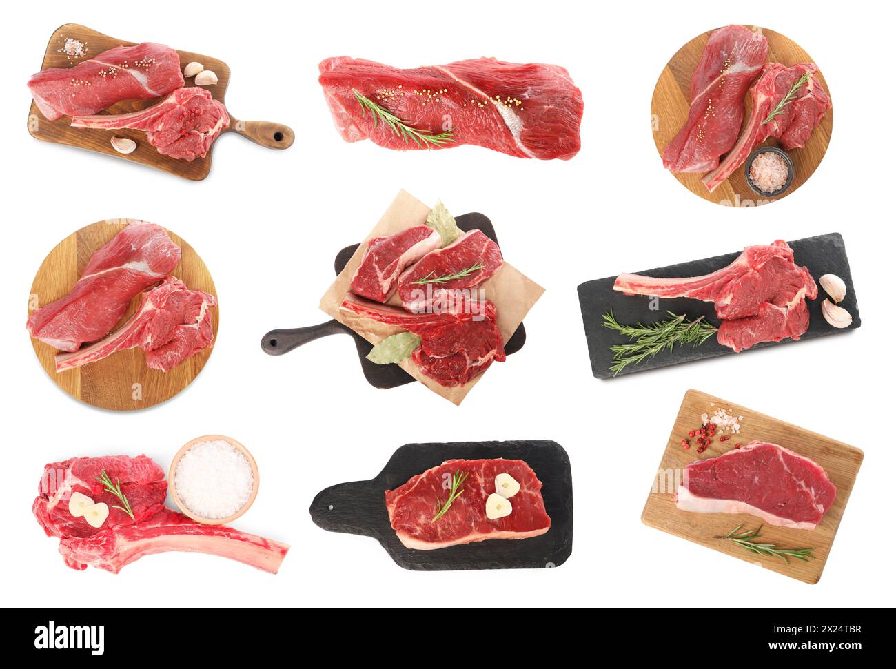 Set of raw beef steaks isolated on white, top view Stock Photo - Alamy