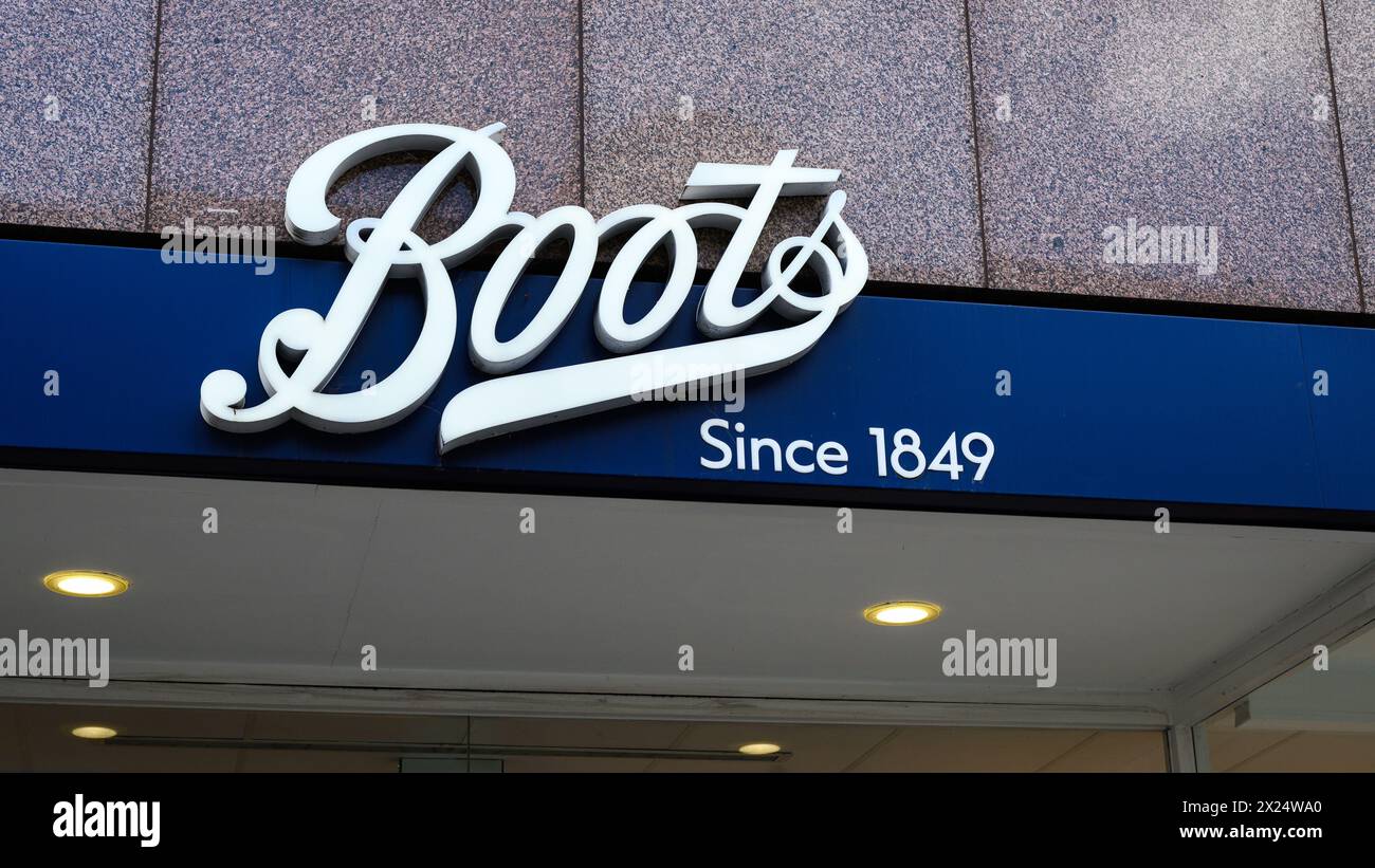 London, UK - March 24, 2024 - Sign above entrance for Boots UK health ...