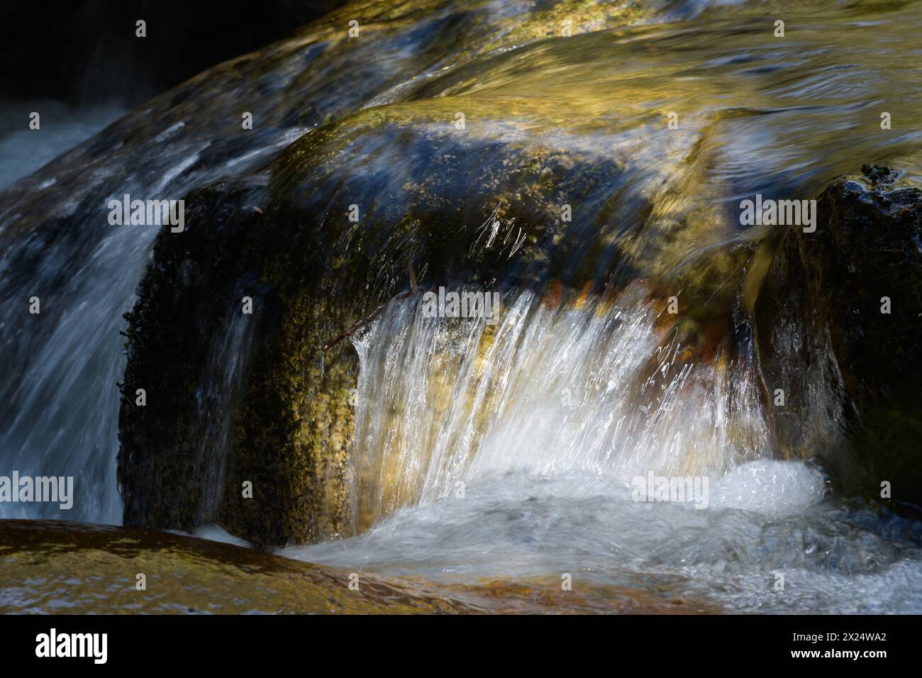 Sun catches a smooth rock in the Cascade Mountains as water in the ...