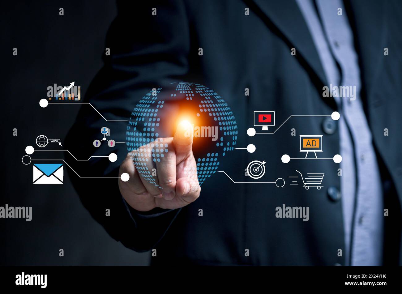 marketing in the global digital, man pointing at the globe through a ...