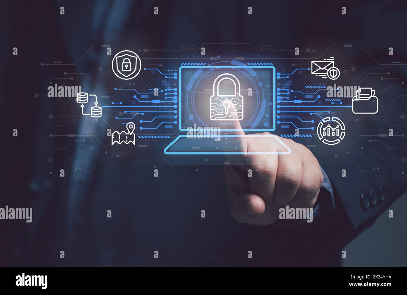 Man points at key icon on virtual screen of laptop Protecting security ...