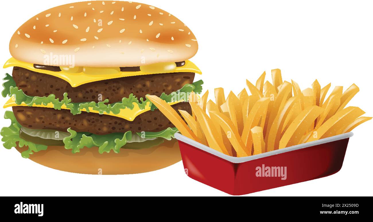 Vector graphic of a cheeseburger with French fries Stock Vector Image ...