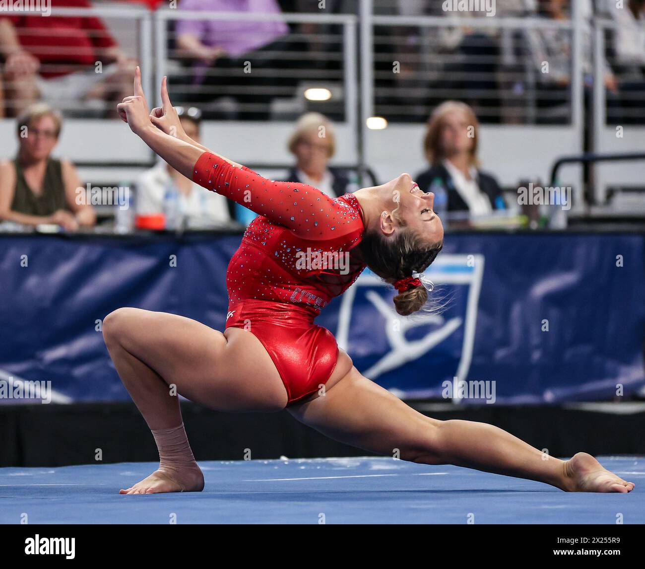 Fort Worth, TX, USA. 18th Apr, 2024. Utah's Jaylene Gilstrap flashes a ...