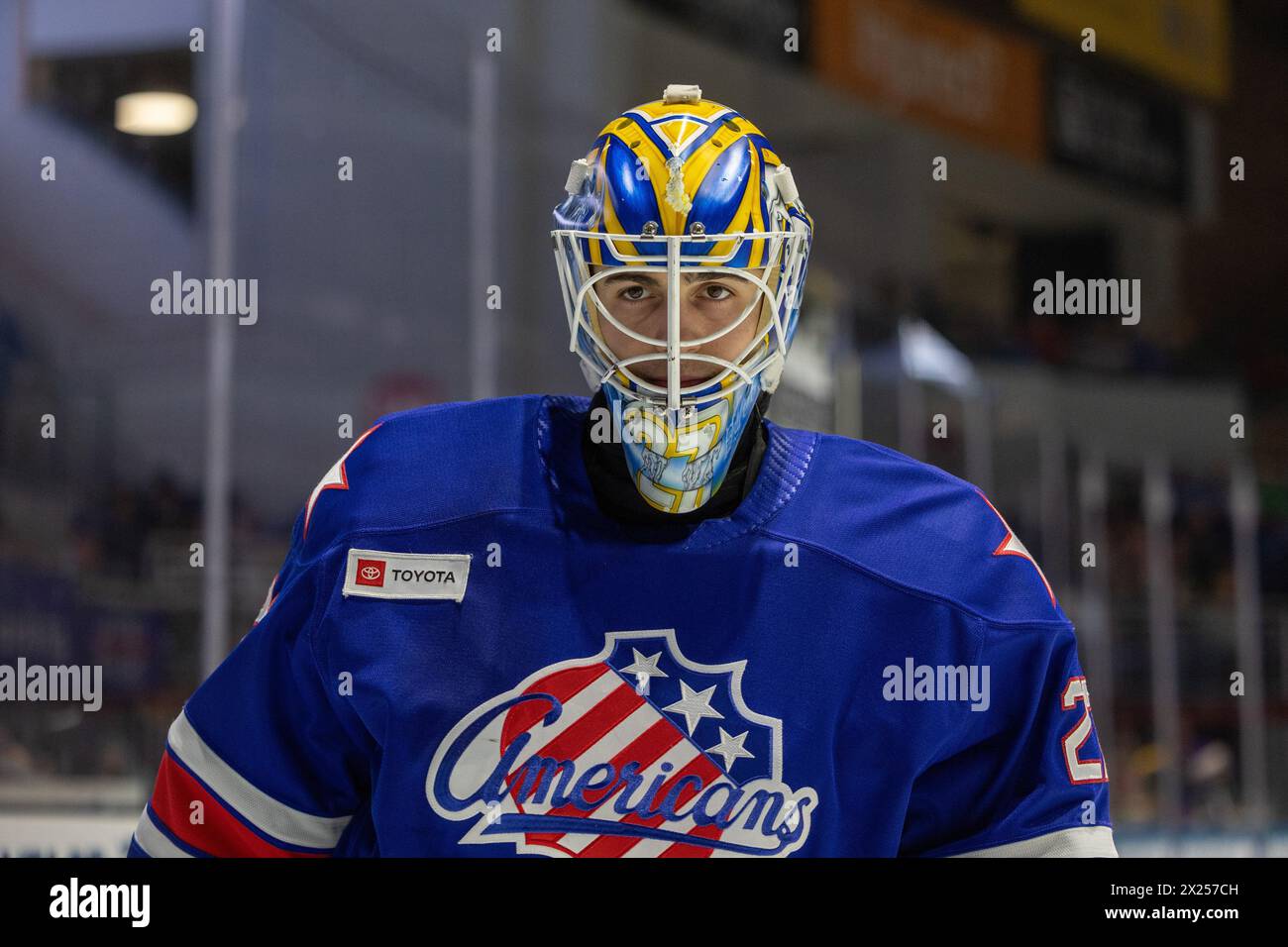 April 19th, 2024: Rochester Americans goaltender Devon Levi (27) skates ...