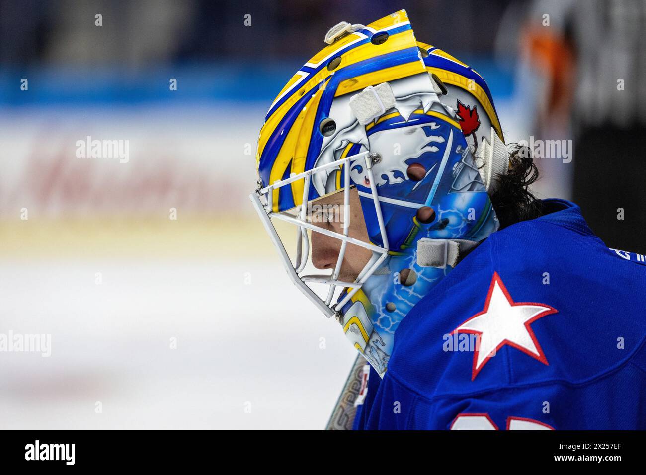 April 19th, 2024: Rochester Americans goaltender Devon Levi (27) skates ...