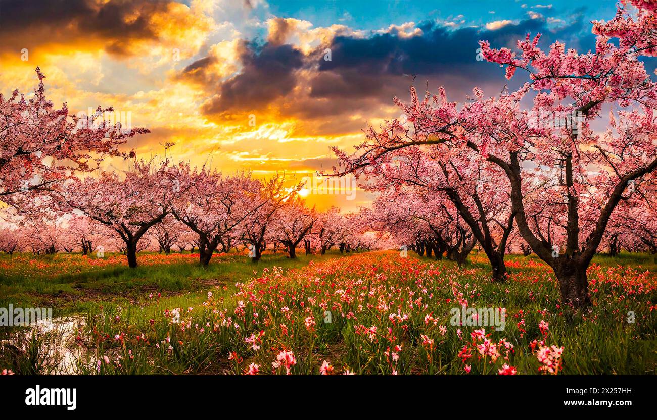 A field of flowers and cherry trees underneath a fiery sky Stock Photo ...