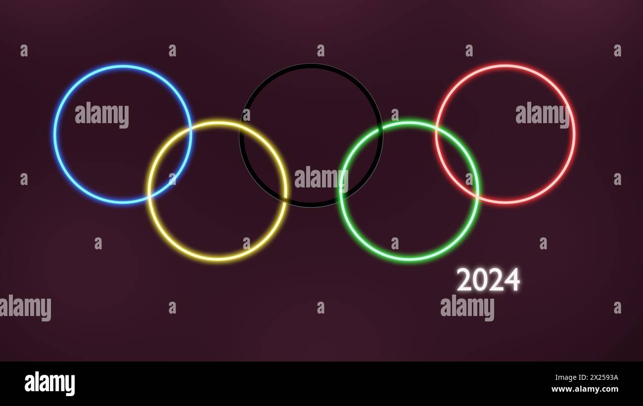 Olympics neon rings in a dark red background illustration. Paris 2024 ...