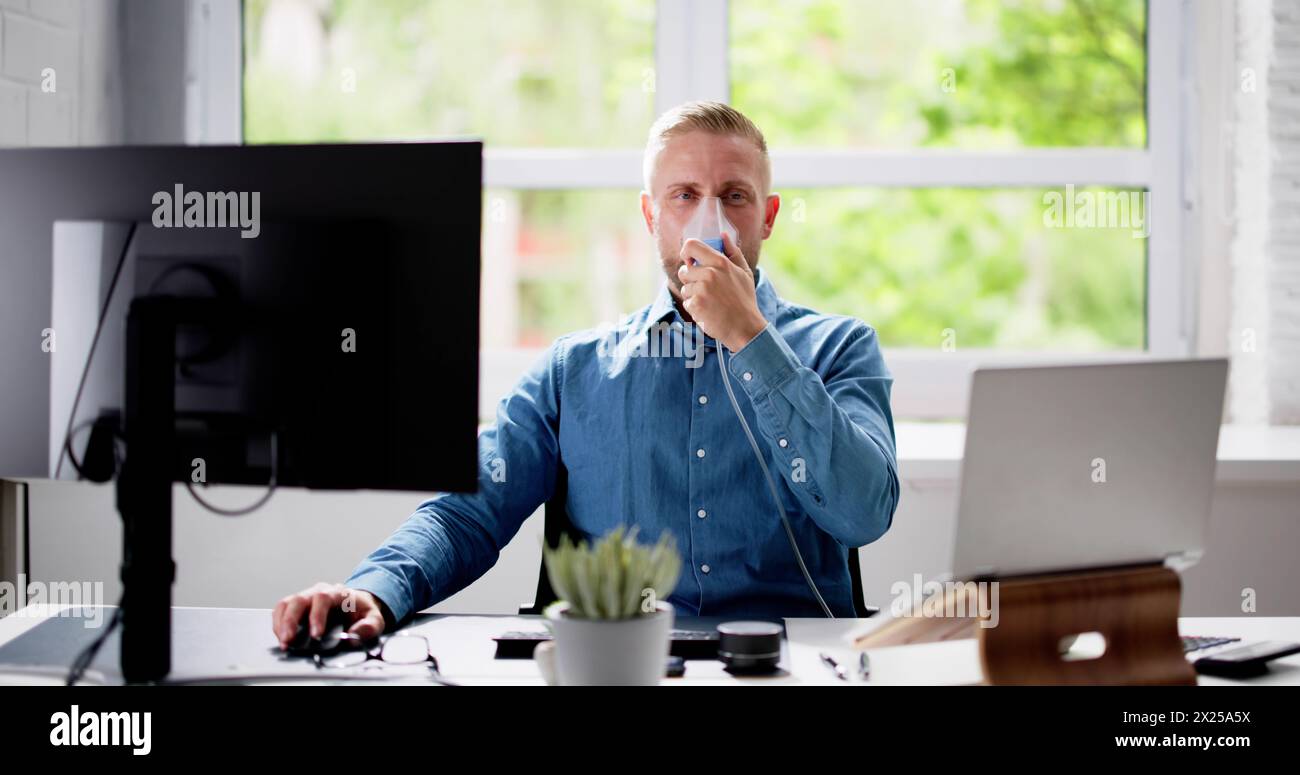 Asthma Patient Breathing Using Oxygen Mask And COPD Nebulizer Stock ...