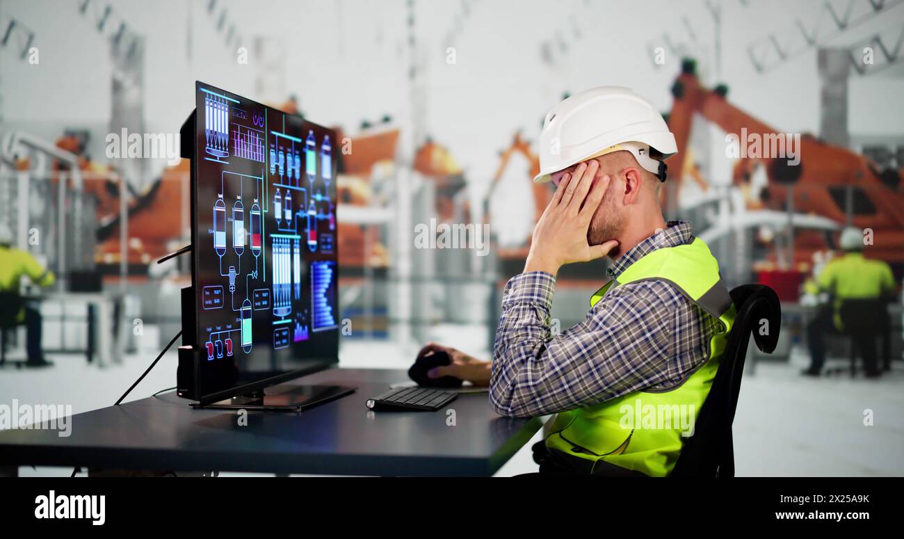 Unhappy Engineer Operator Using SCADA System At Industrial Plant Stock ...