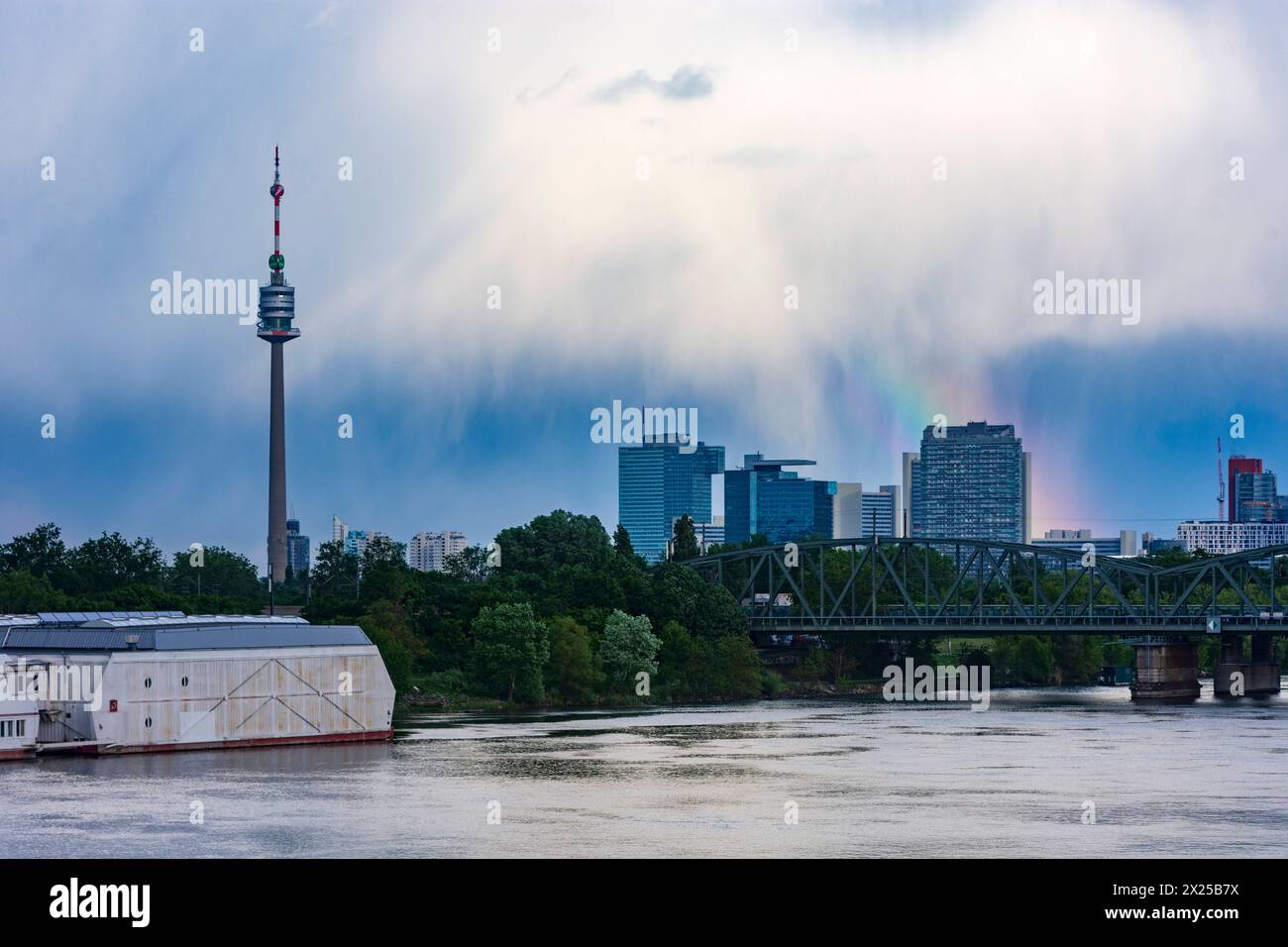river Donau Danube, bridge Nordbahnbrücke, tower Donauturm, high-rises ...