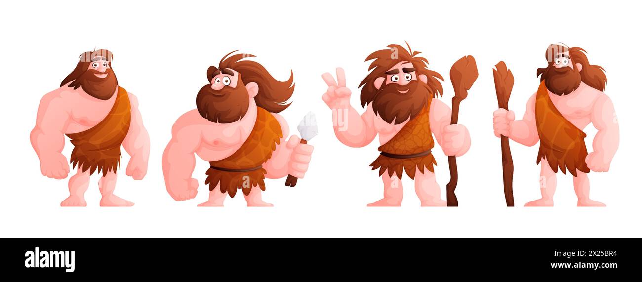 Cave man, prehistoric primitive people in stone age cartoon set ...