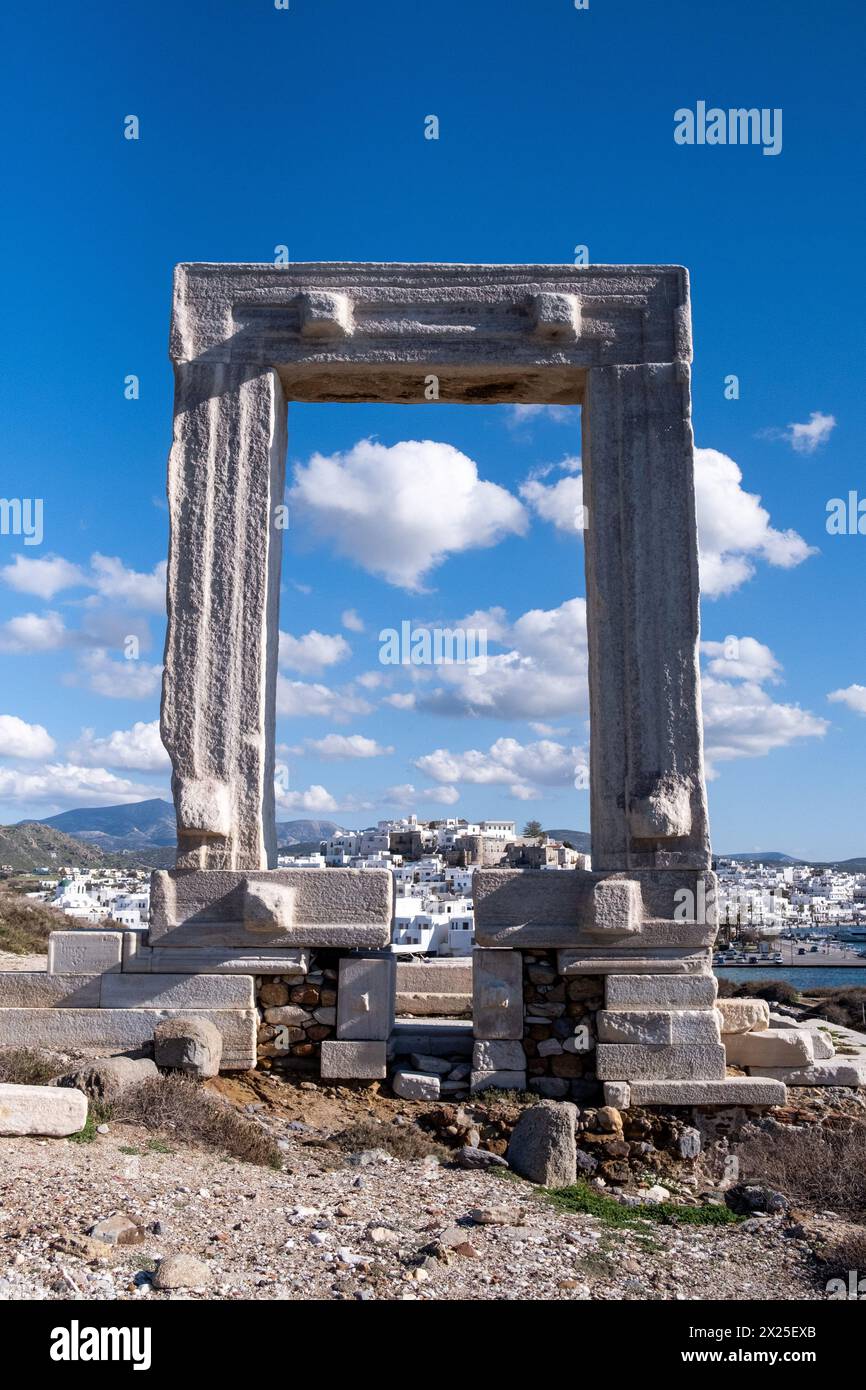 Temple of Apollo, also known as Portara, on a peninsula in the town of ...