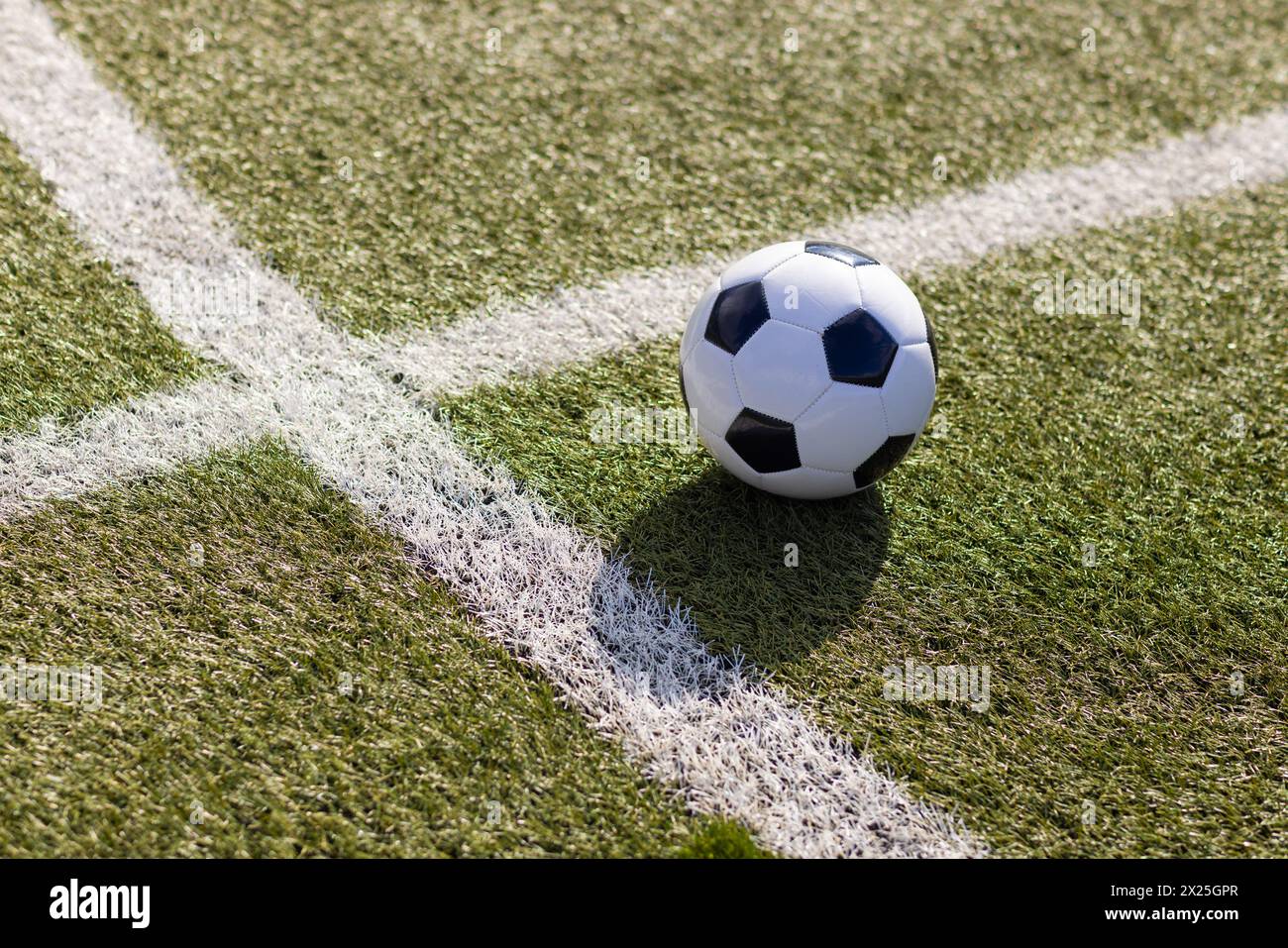 A soccer ball sits on green turf at the field's white line, outdoors ...