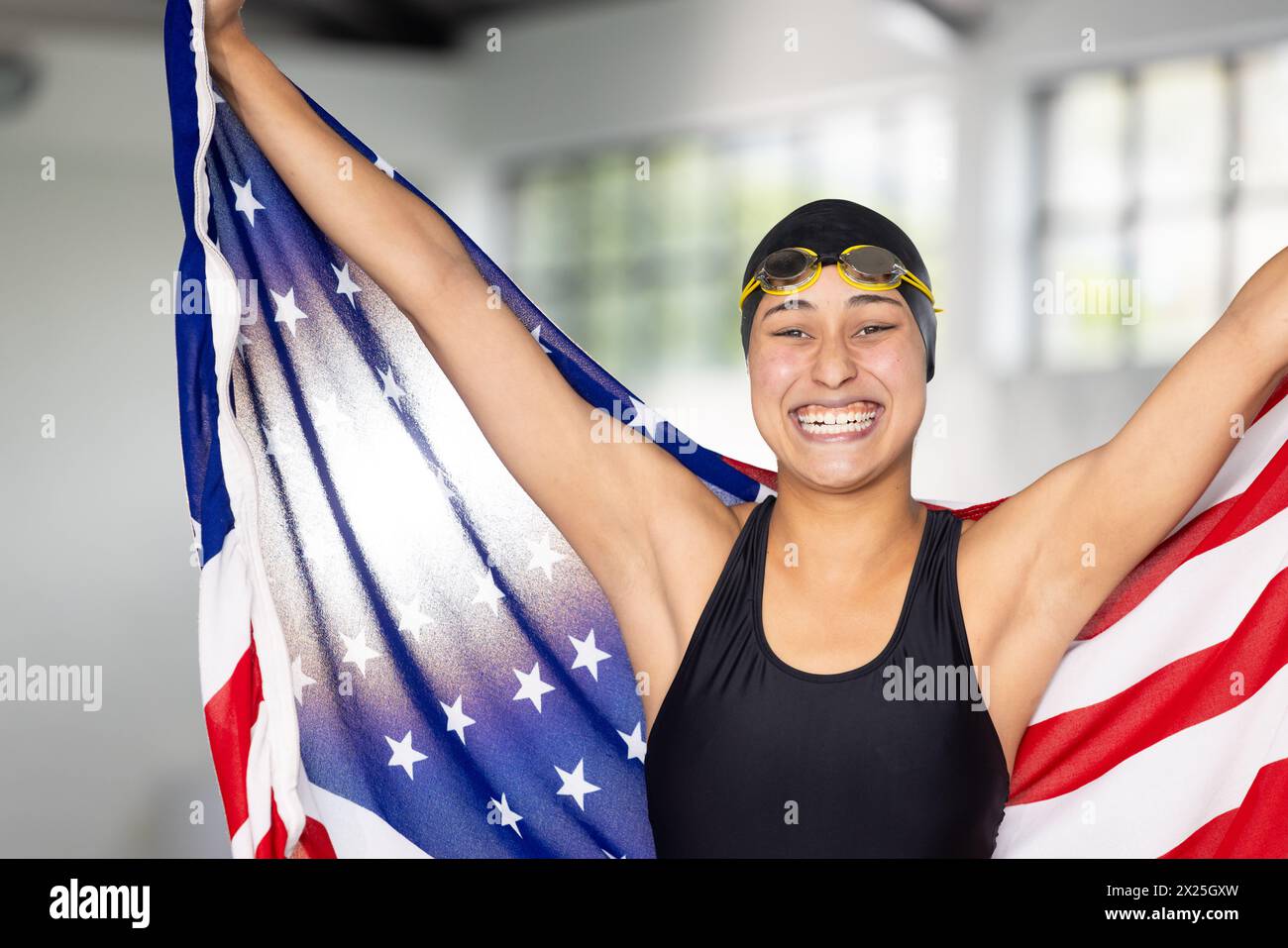 Portrait professional female swimmer smiling hi-res stock photography ...