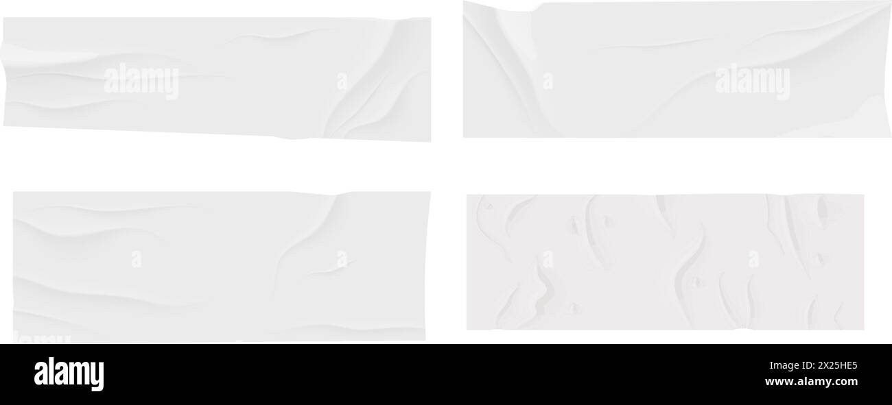 Glued sticky set white skotch tape paper stripe. Crumped surface label ...