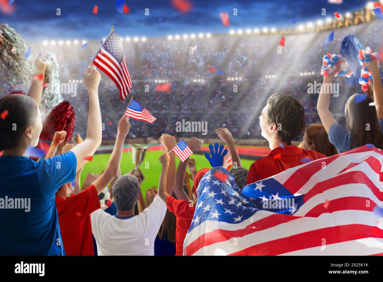 American football supporter on stadium. US fans on soccer pitch ...