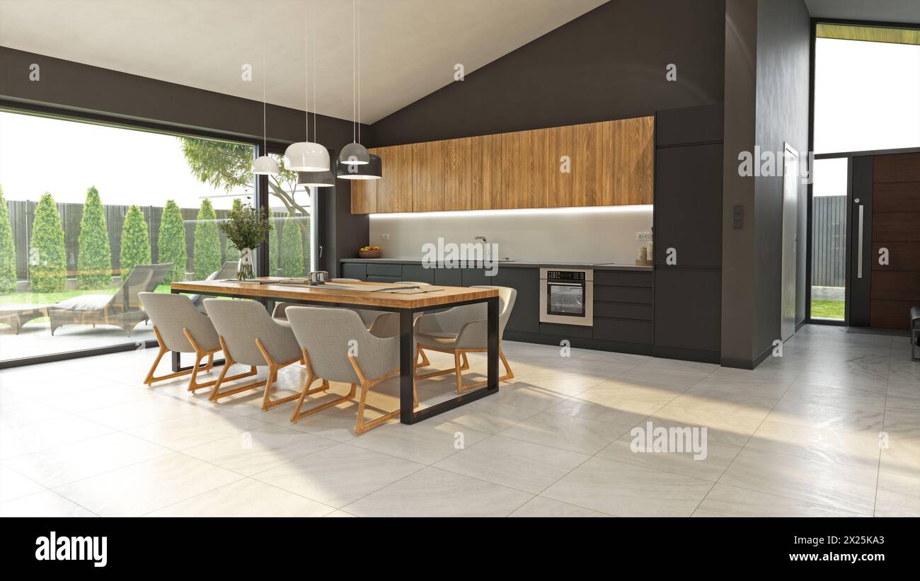 3d Illustration of modern kitchen in a house with a beautiful design ...