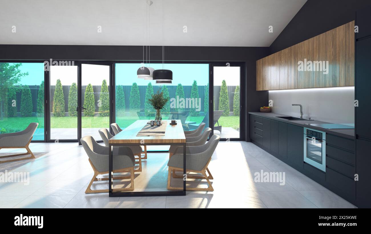 3d Illustration of modern kitchen in a house with a beautiful design ...