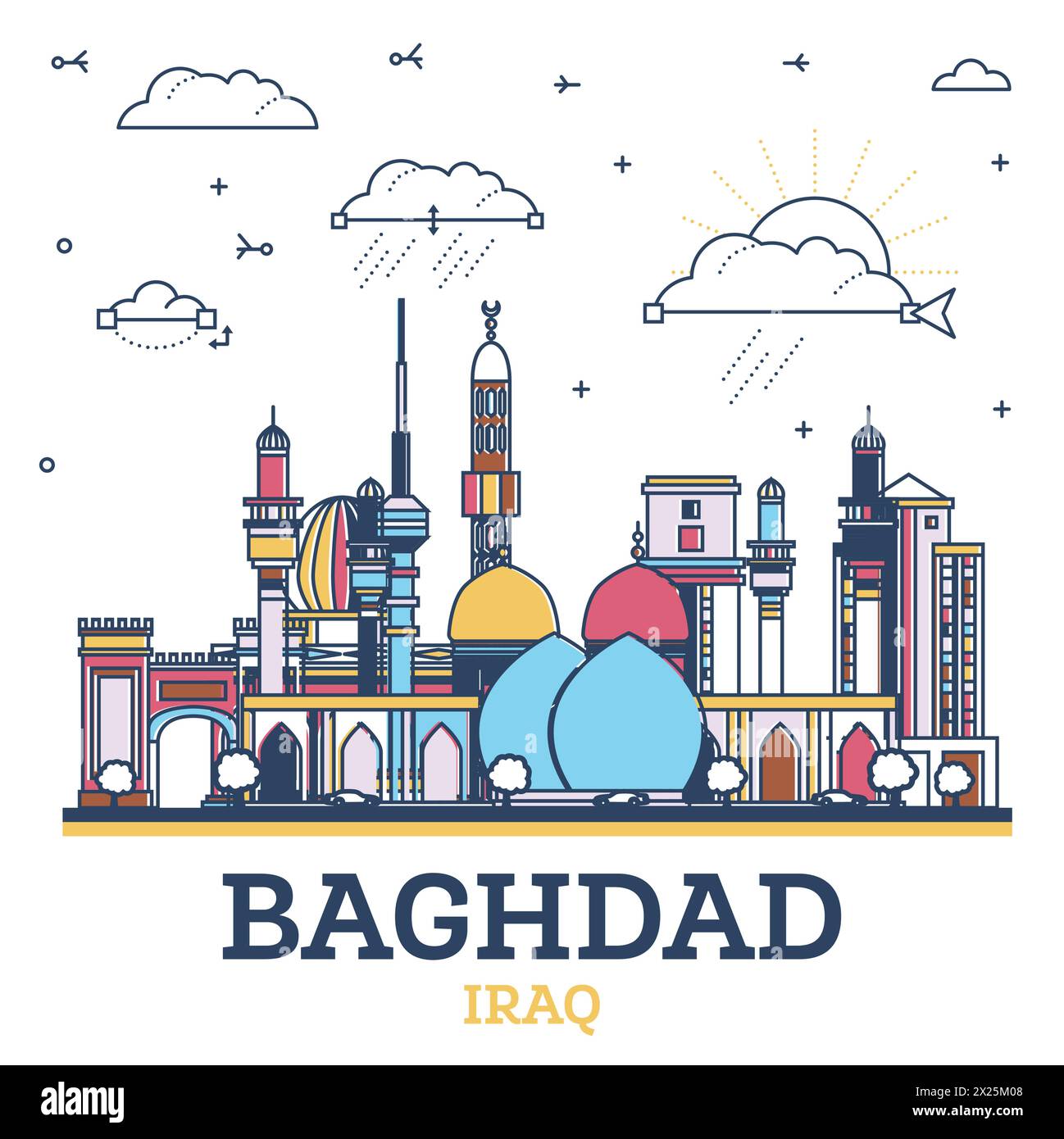 Outline Baghdad Iraq City Skyline with Colored Historic Buildings ...