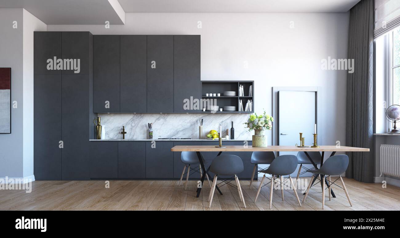 3d render kitchen wood furniture hi-res stock photography and images ...