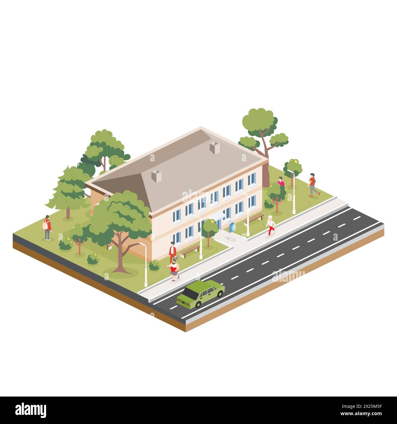 Isometric residential two storey building with people, road and trees ...