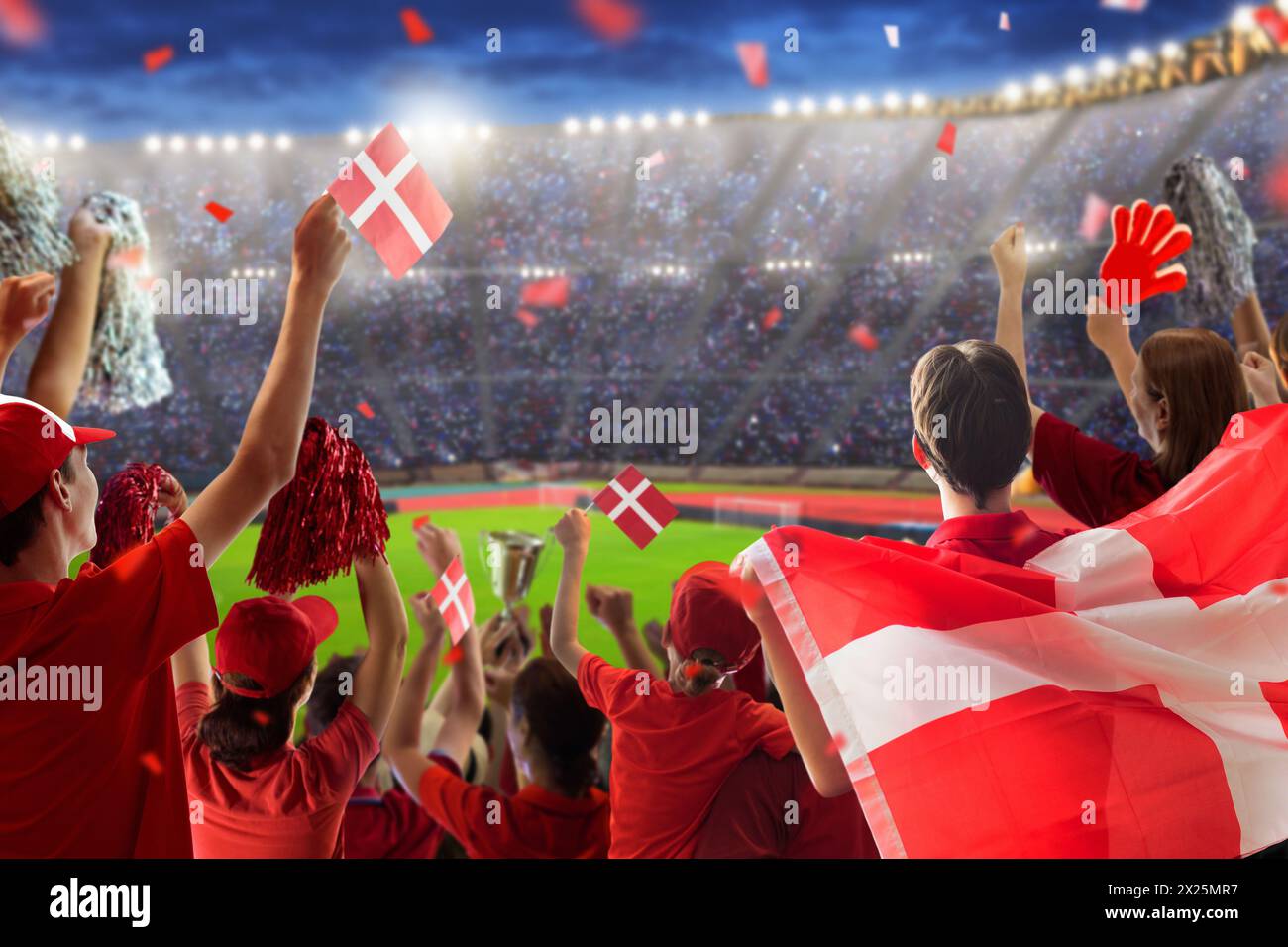 Denmark football supporter on stadium. Danish fans on soccer pitch ...