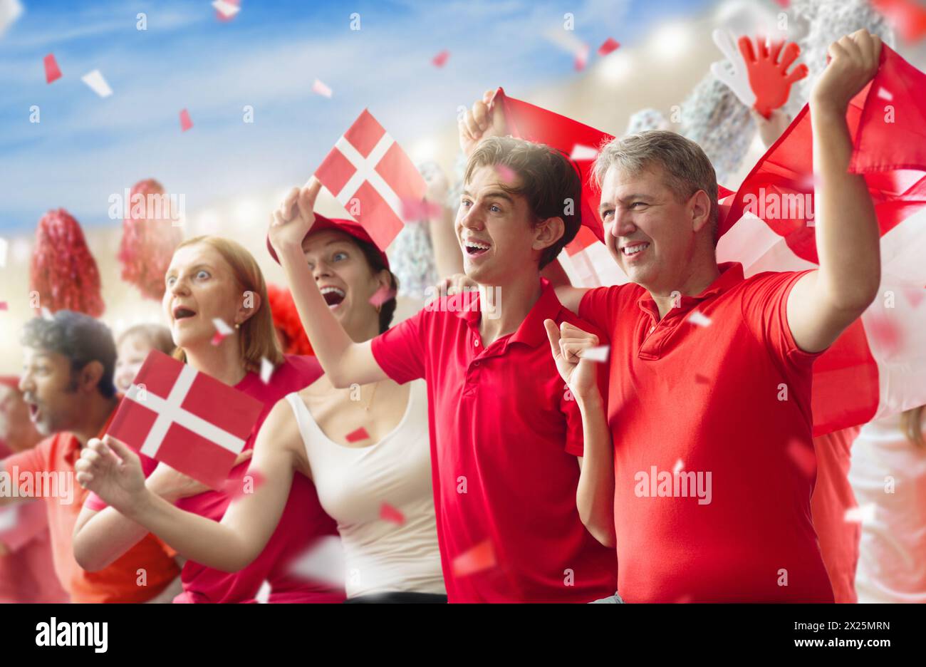 Denmark football supporter on stadium. Danish fans on soccer pitch ...