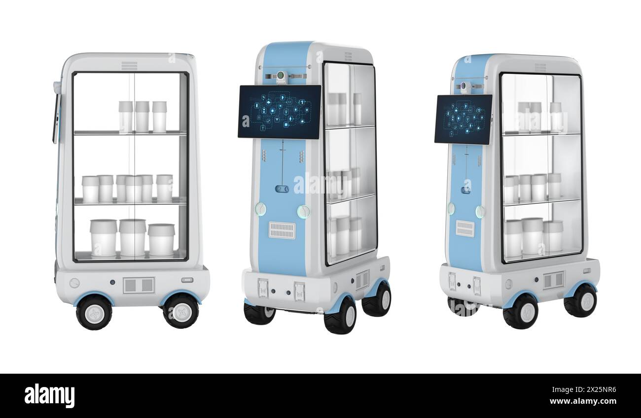 3d rendering group of delivery robot trolleys or robotic assistants ...
