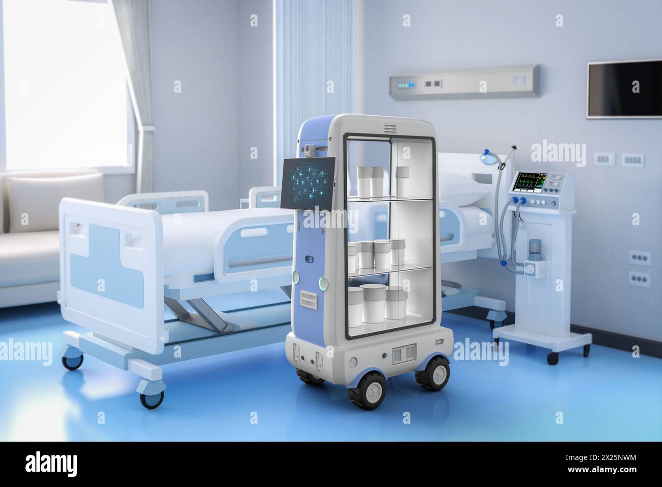 3d rendering assistant robot or robotic trolley deliver medicine in ...