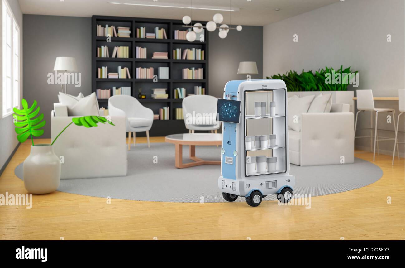 3d rendering delivery robot trolley or robotic assistant carry stuff ...