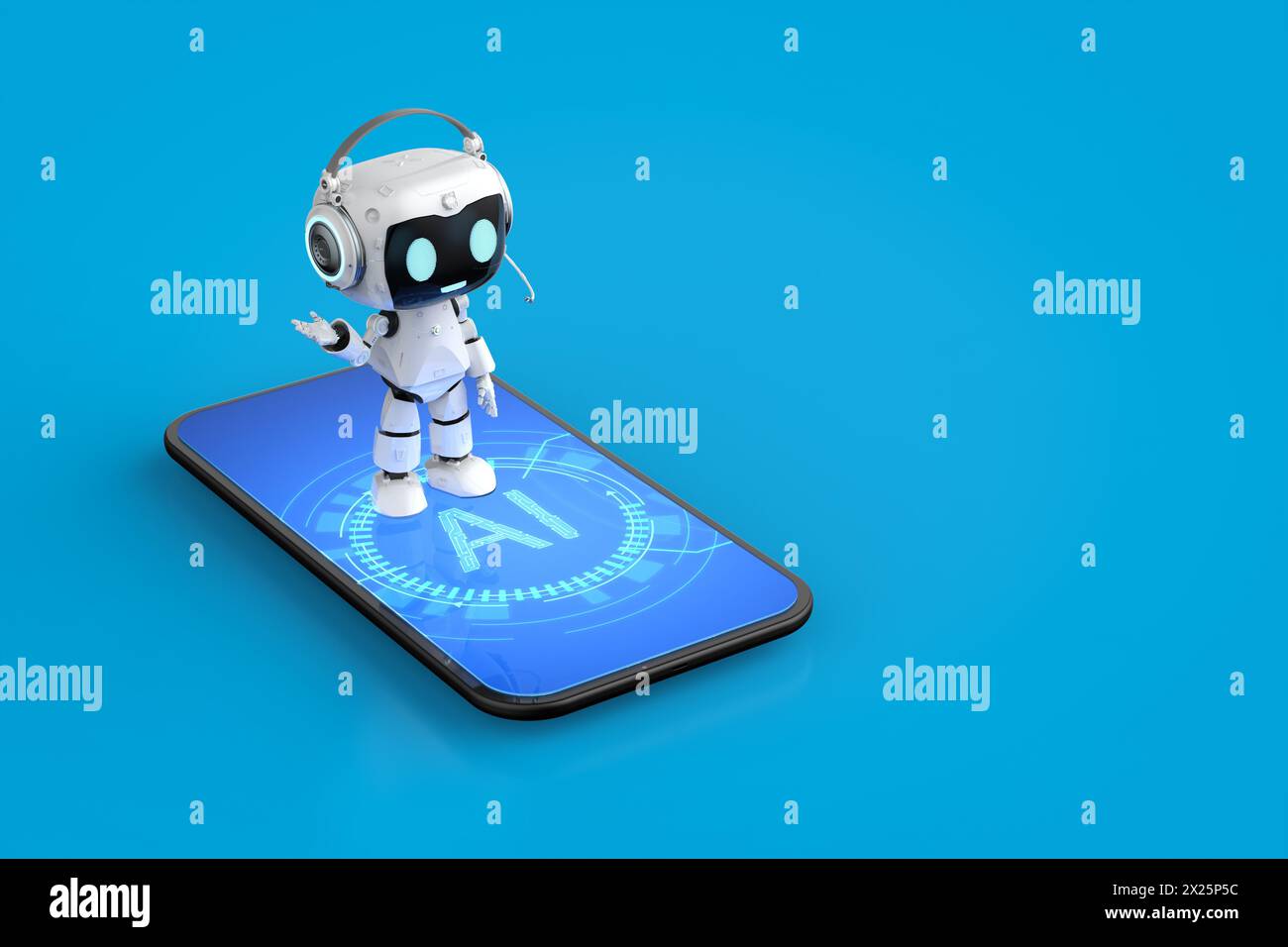 3d rendering cute and small artificial intelligence personal assistant robot on smartphone Stock ...