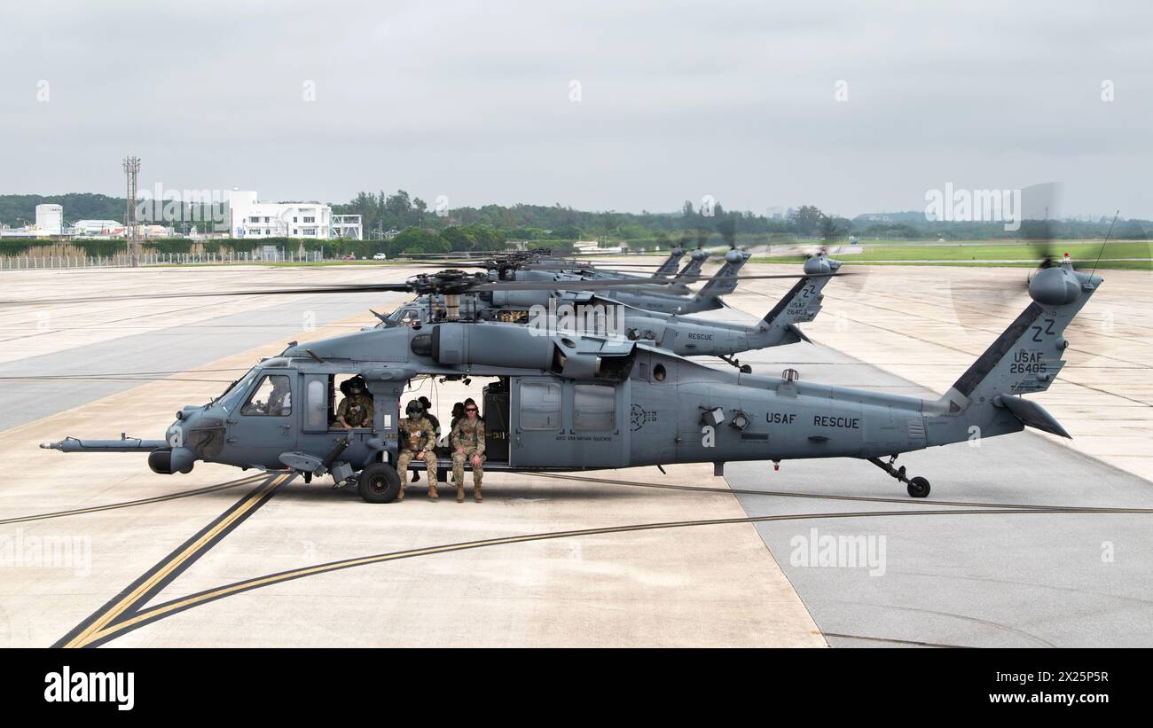 U.S. Air Force HH-60G Pave Hawks assigned to the 33rd Rescue Squadron are lined up on the ...