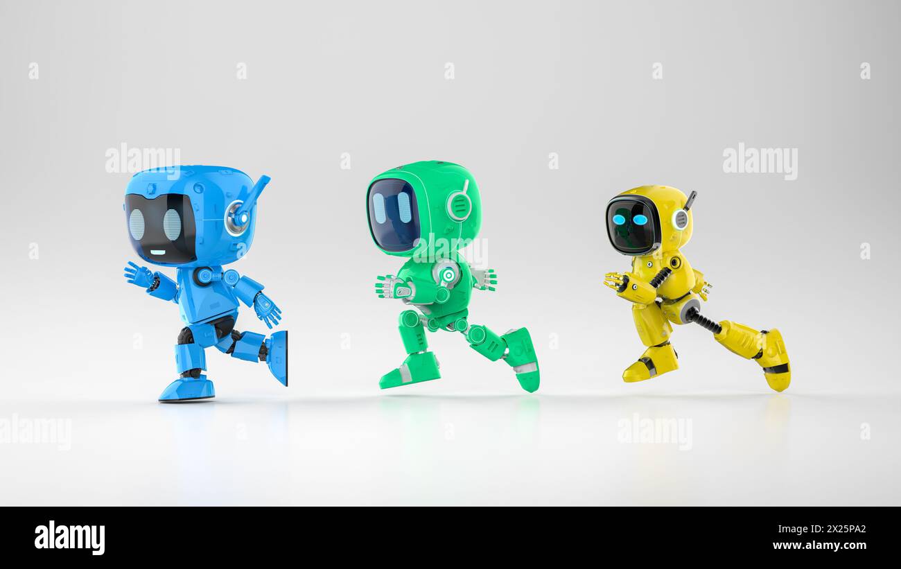 3d rendering colorful personal assistant ai robots run in competition ...