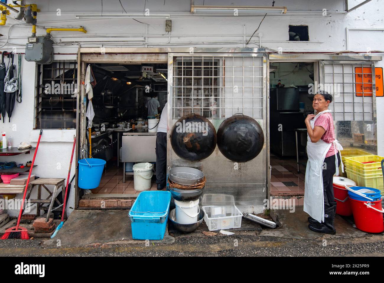 An older woman wearing an apron standing at the back of a cafe ...