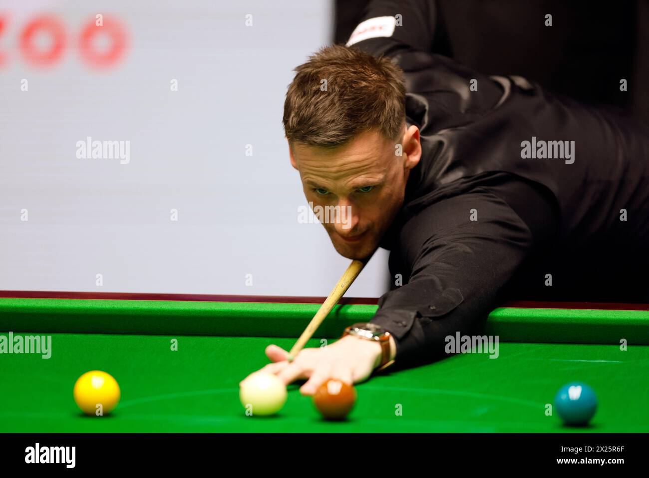 David Gilbert during his match against Luca Brecel (not pictured) on ...