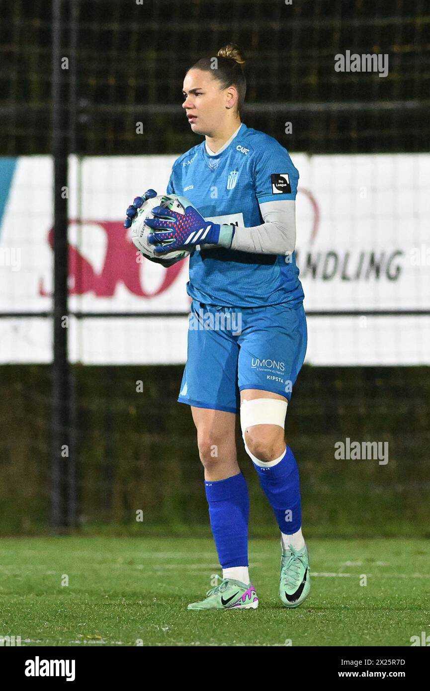 Marcinelle, Belgium. 19th Apr, 2024. goalkeeper Joy Jung (1) of Charleroi pictured during a ...