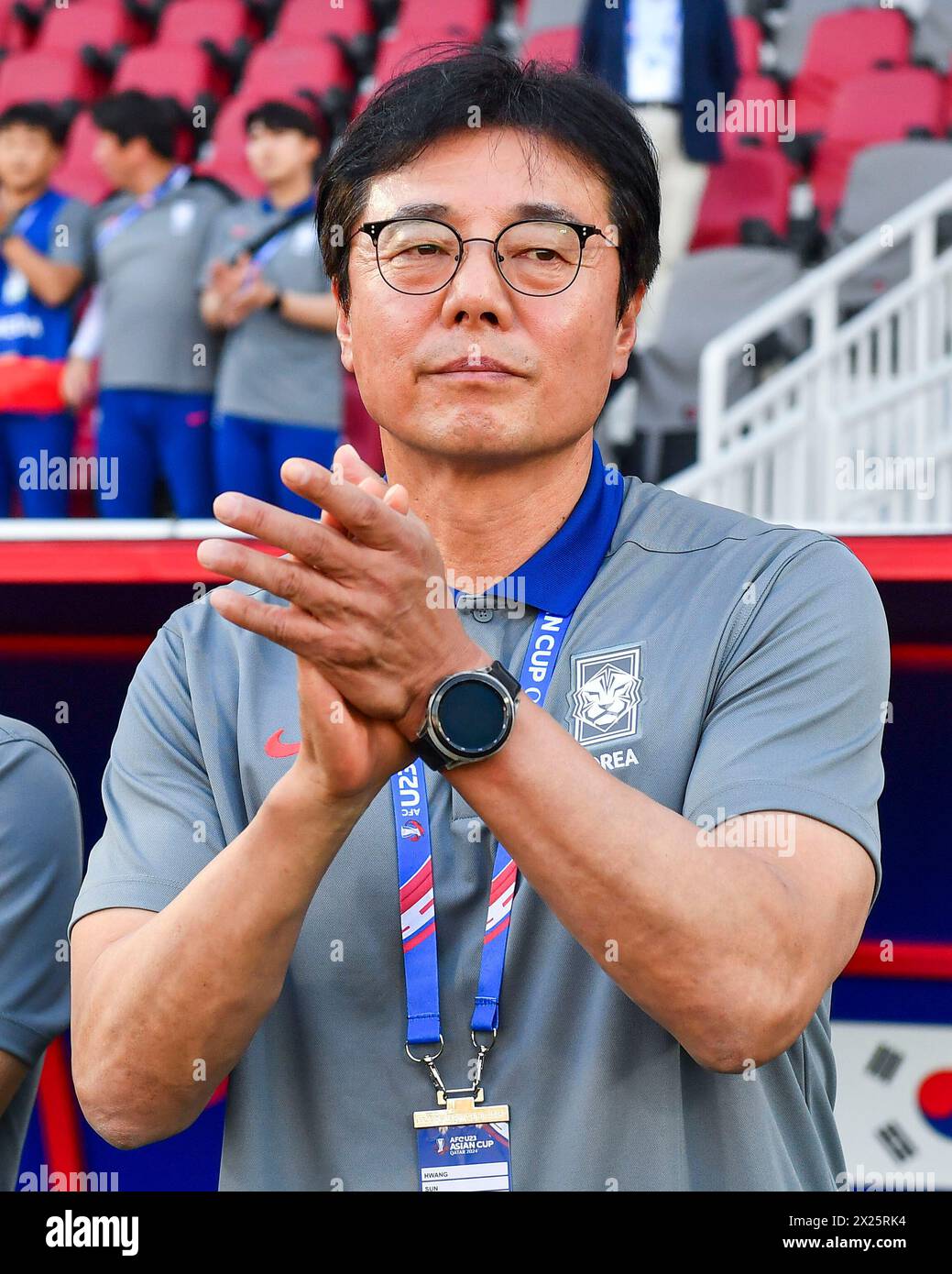 Doha, Qatar. 19th Apr, 2024. Head coach of South Korea Hwang Sun Hong ...