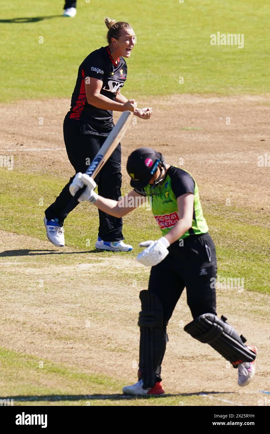 Cardiff, UK, 20 April 2024. Sunrisers' Nic Handcock celebrates taking ...