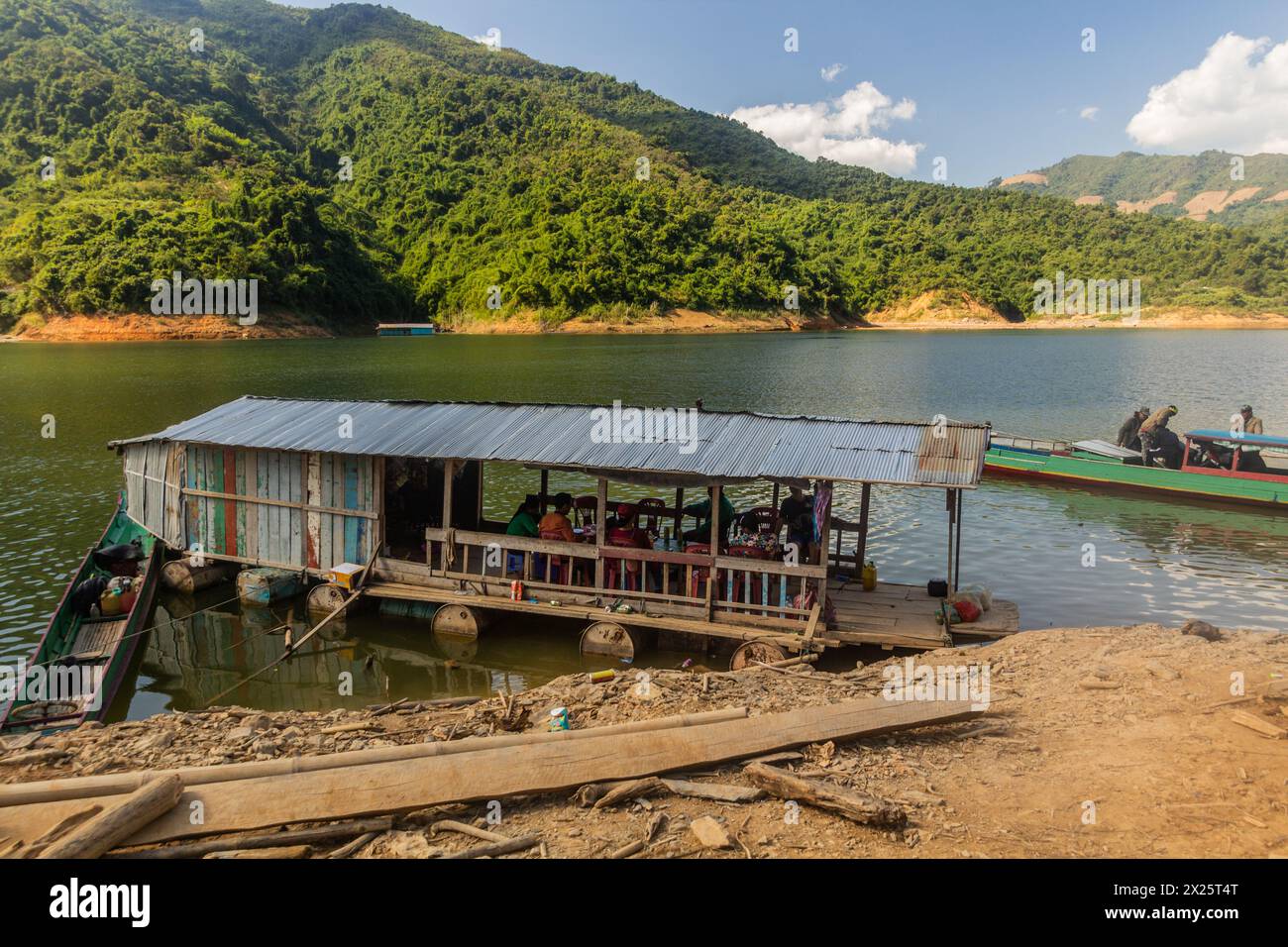 NAM OU, LAOS - NOVEMBER 23, 2019: Floating restaurant at Nam Ou 5 ...